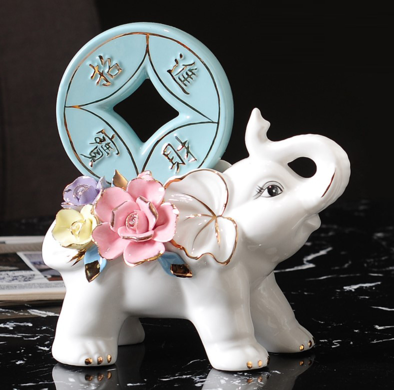 Tượng voi gốm sứ decor để bàn làm việc cầu tàu, cầu may